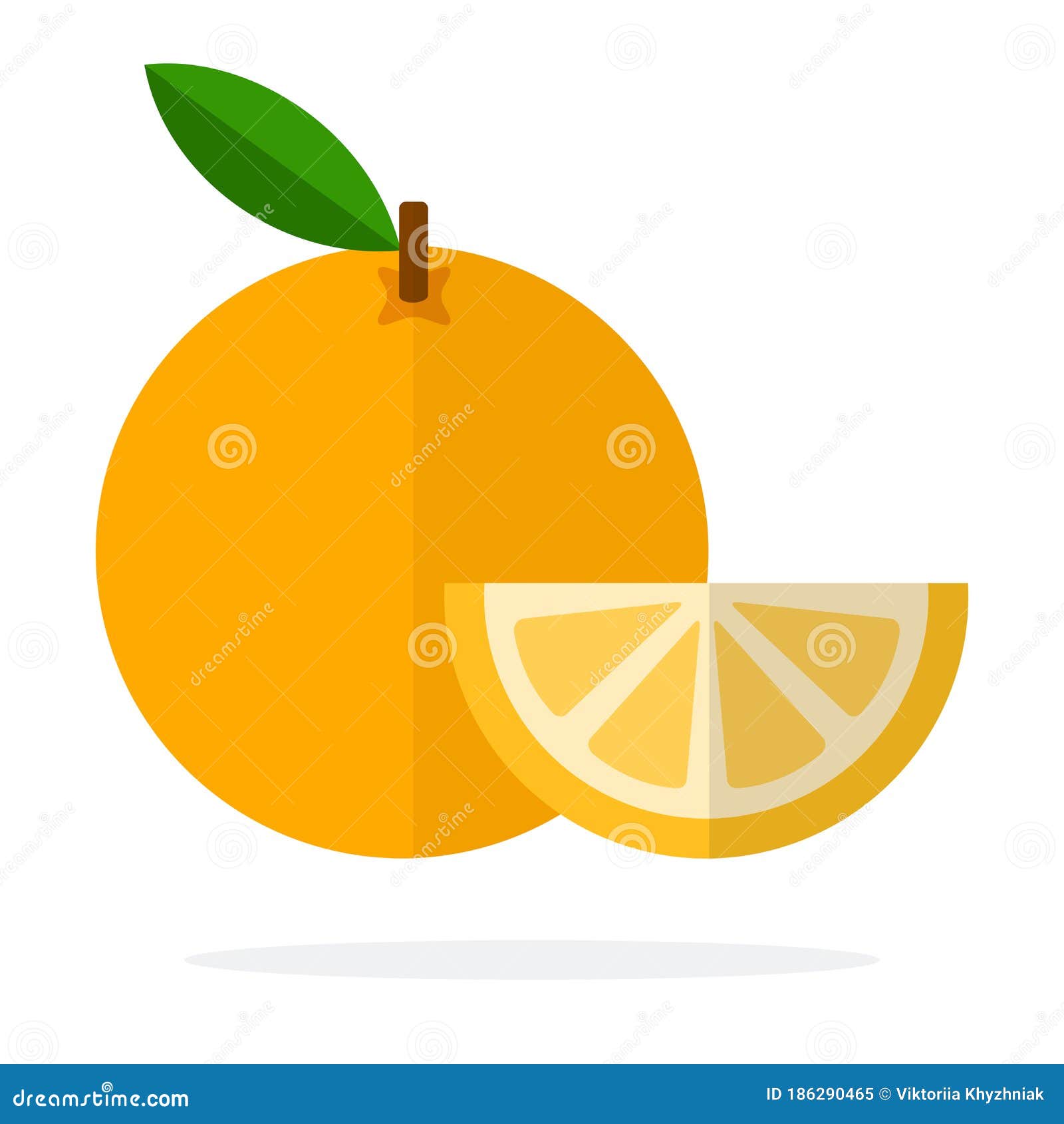 Orange with a Stem and Leaf and Segment of Orange Flat Isolated Stock ...