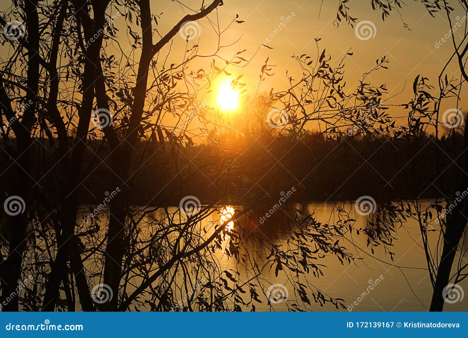 Orange Sunset Behind the Forest Over the River in Early Spring Stock ...