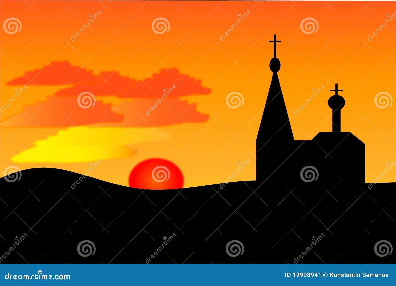 An Orange Sunset and Church Stock Vector - Illustration of church ...