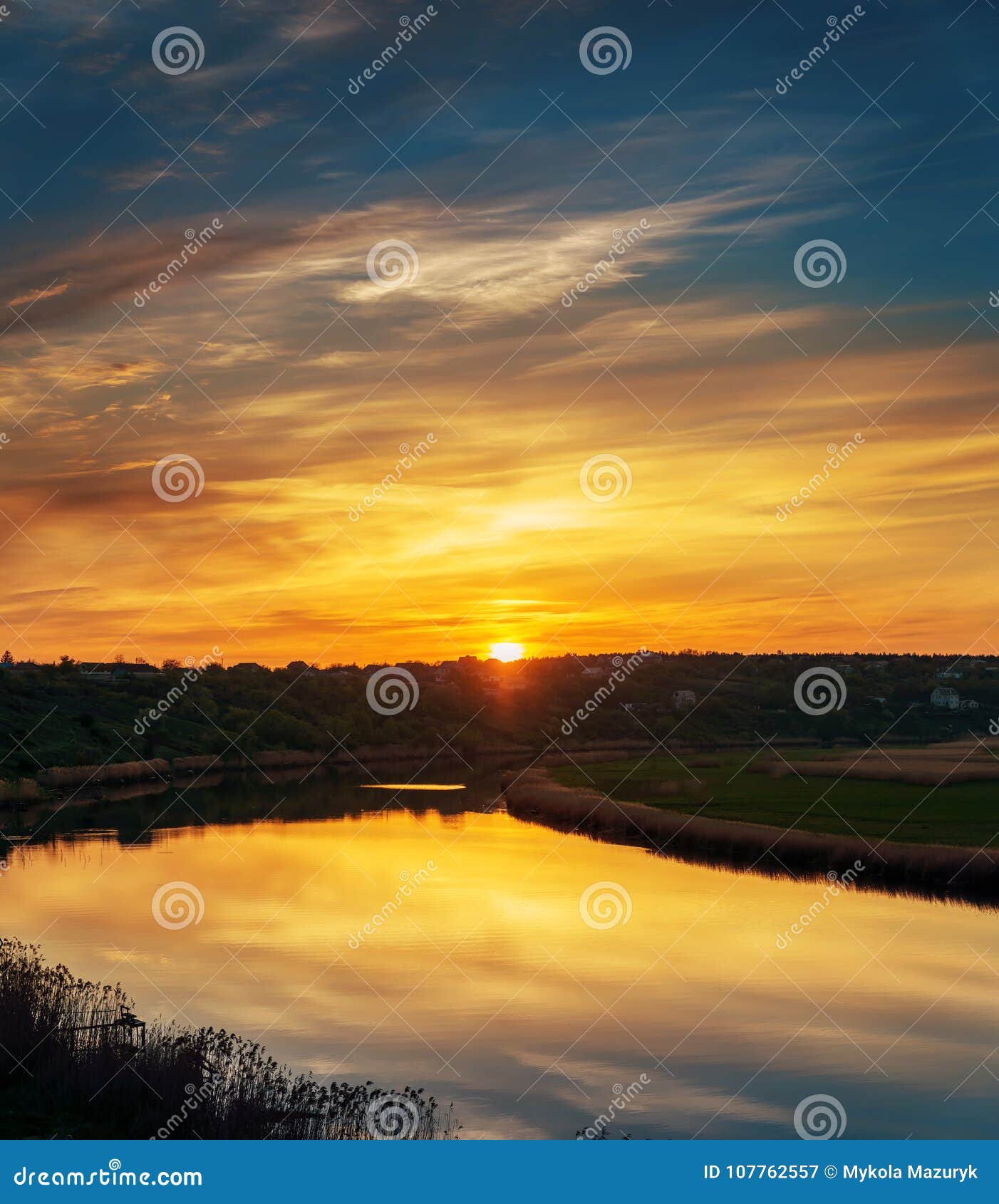 Orange Sunset in Clouds Over River Stock Image - Image of blue ...