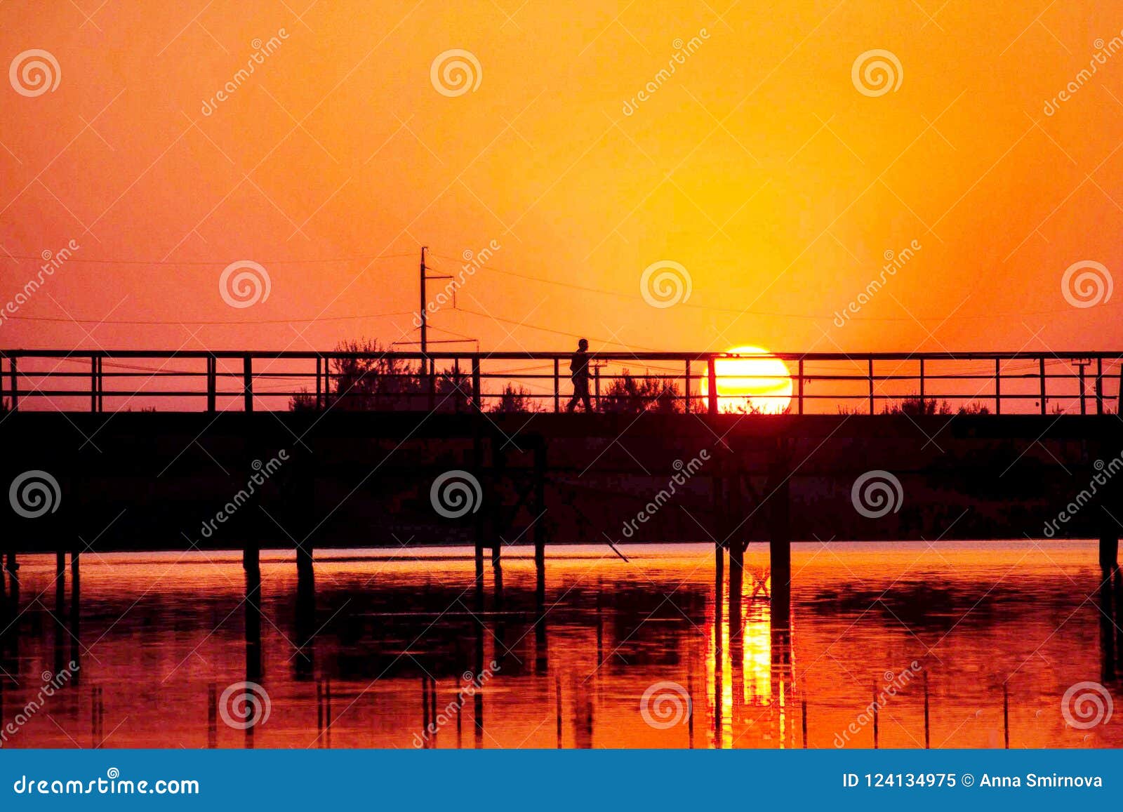 Orange Sunset Over the Bridge and River Stock Image - Image of evening ...