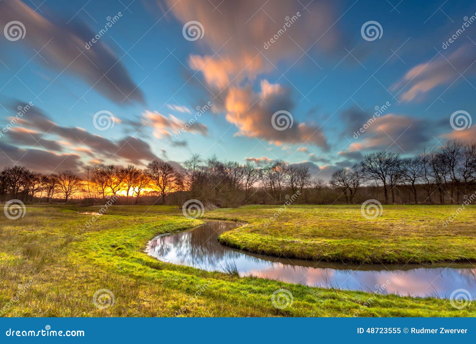 Orange Sunset Over River Landscape Stock Image - Image of green, calm ...