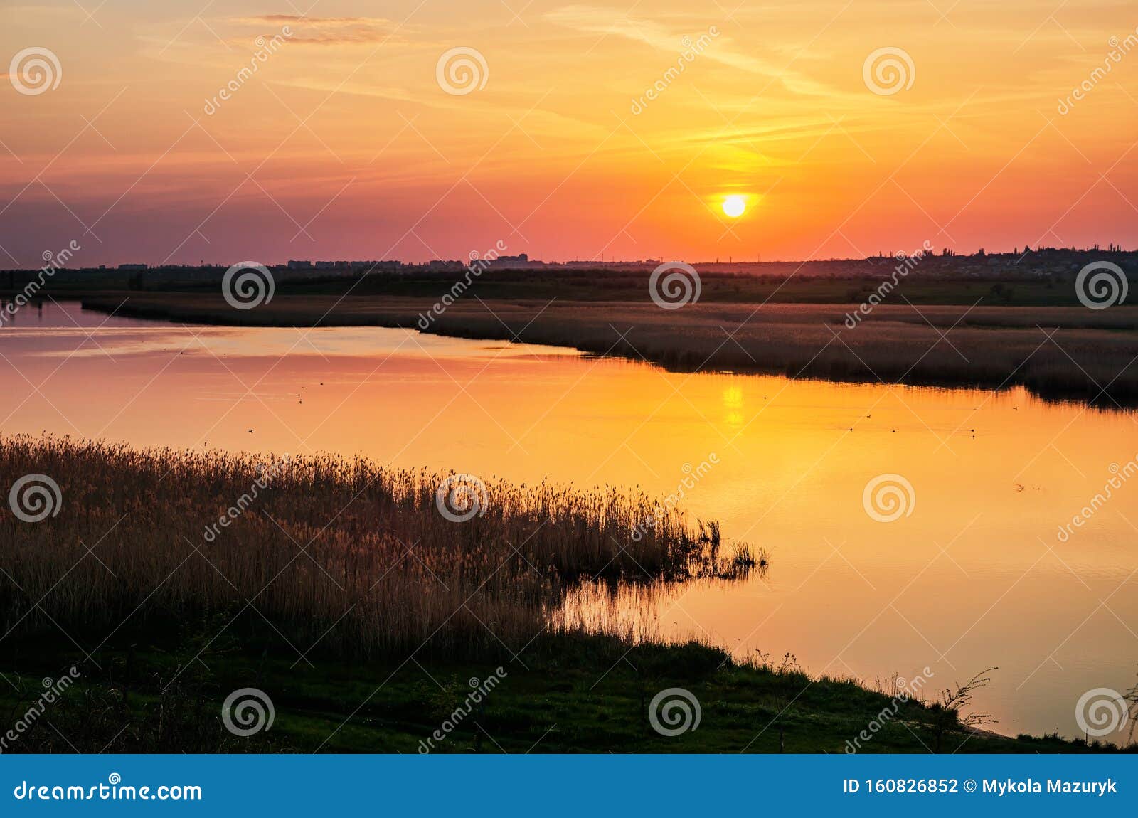 Orange sunset over river stock photo. Image of fantasy - 160826852