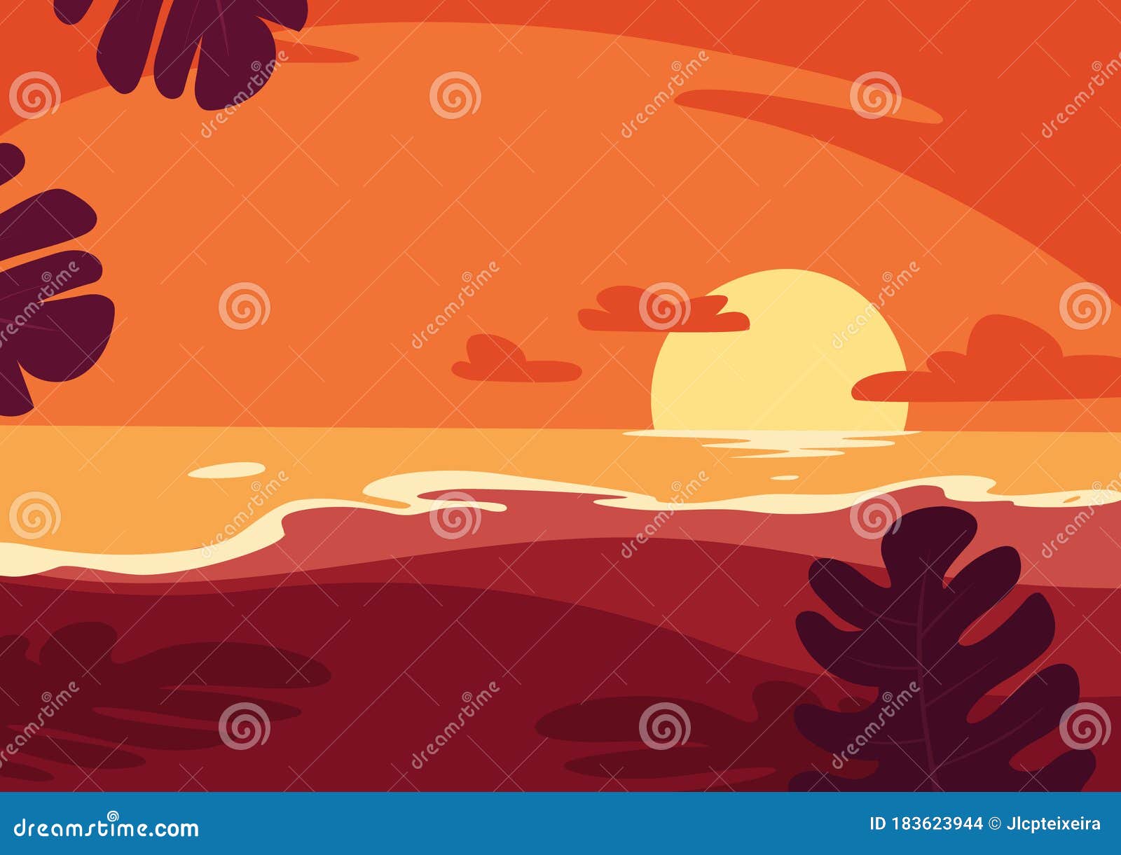 Orange Sunset at Tropical Beach Vector Illustration Stock Illustration ...