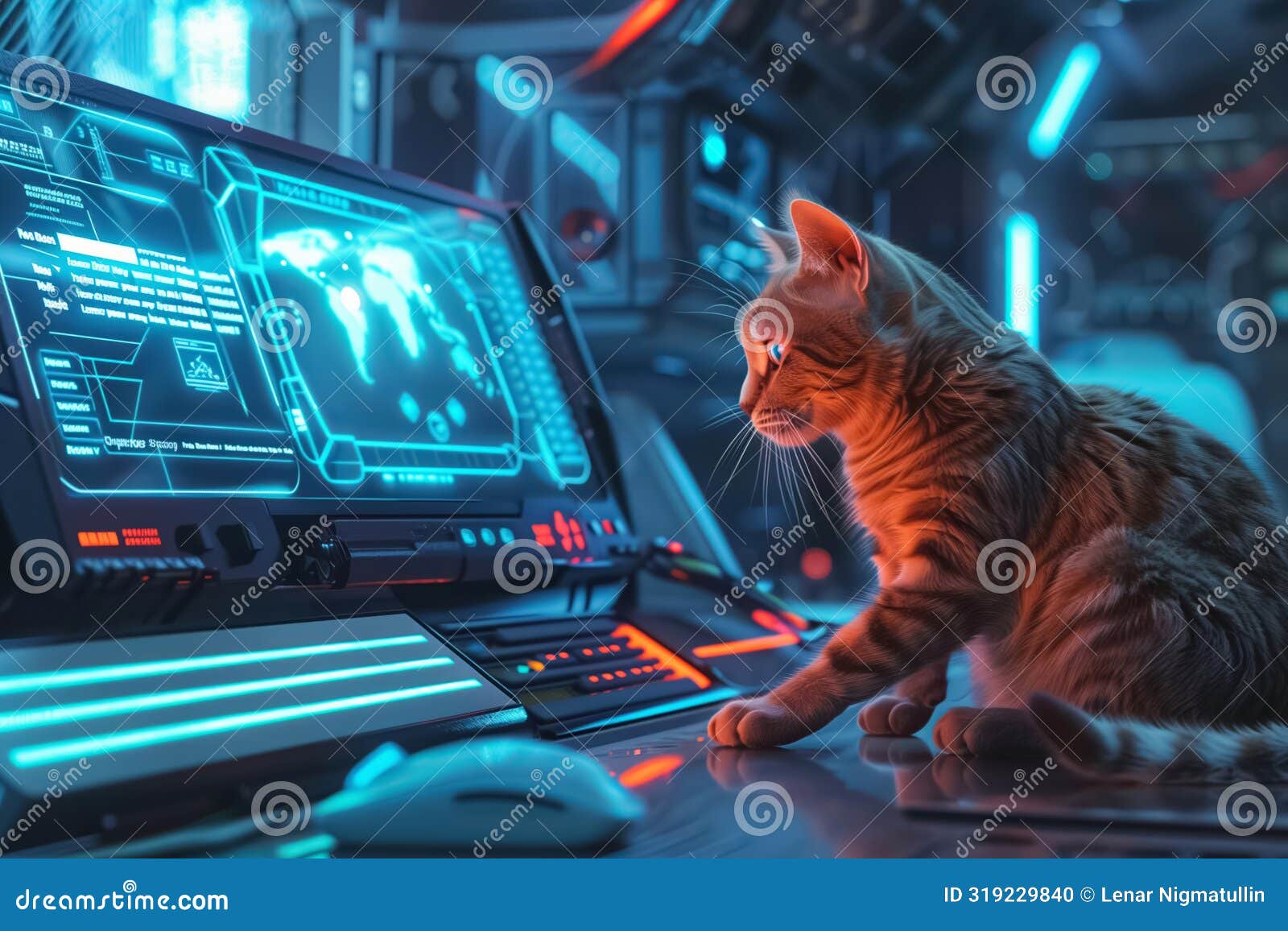 Orange Tabby Cat Curiously Observing High-tech Control Panels in a ...