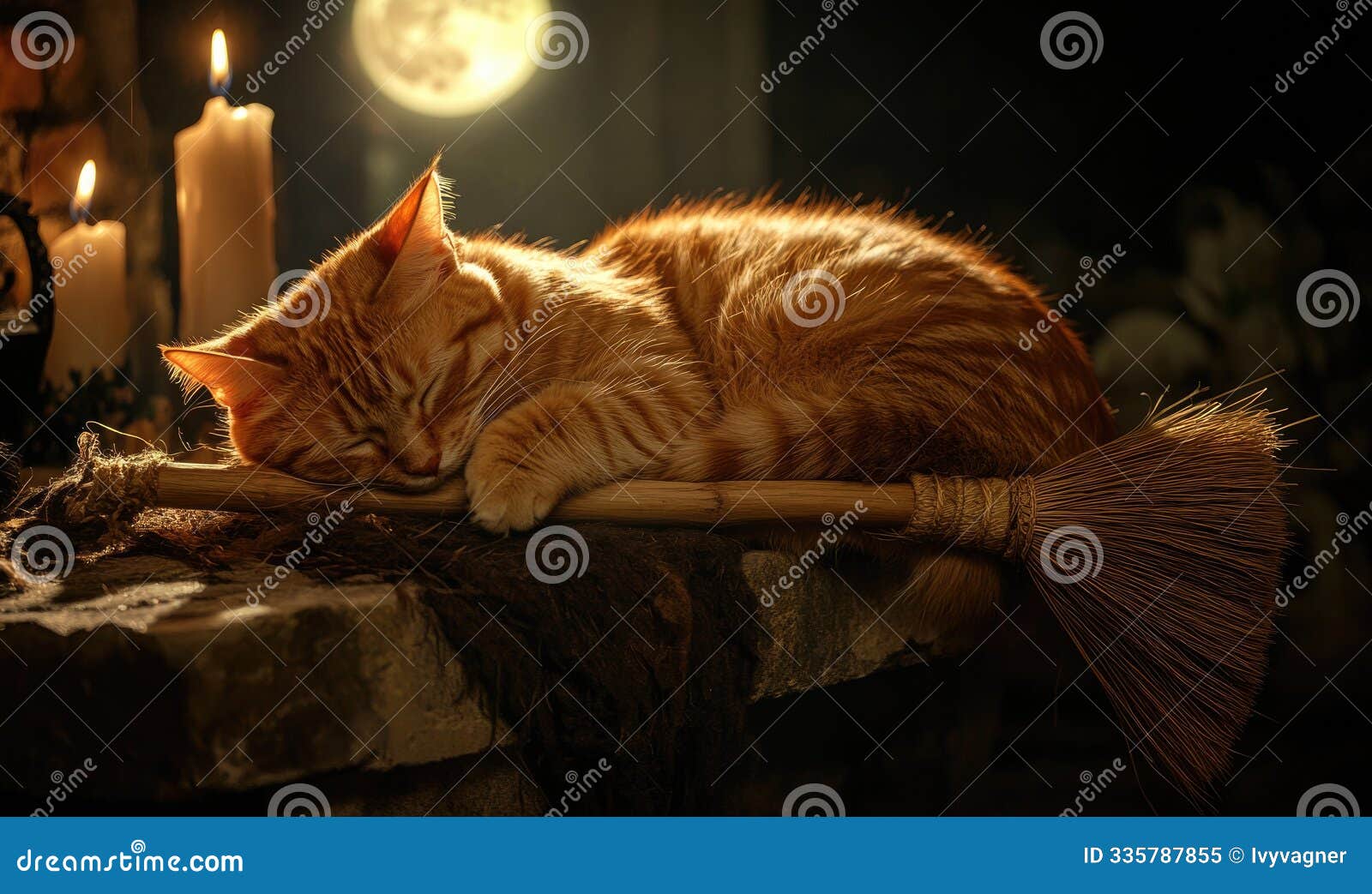 Orange Tabby Cat Curled Up on a Floating Broomstick Stock Image - Image ...