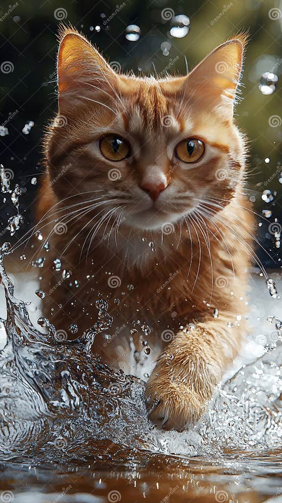 Orange Tabby Cat Running through Water with Splashes Stock Photo ...