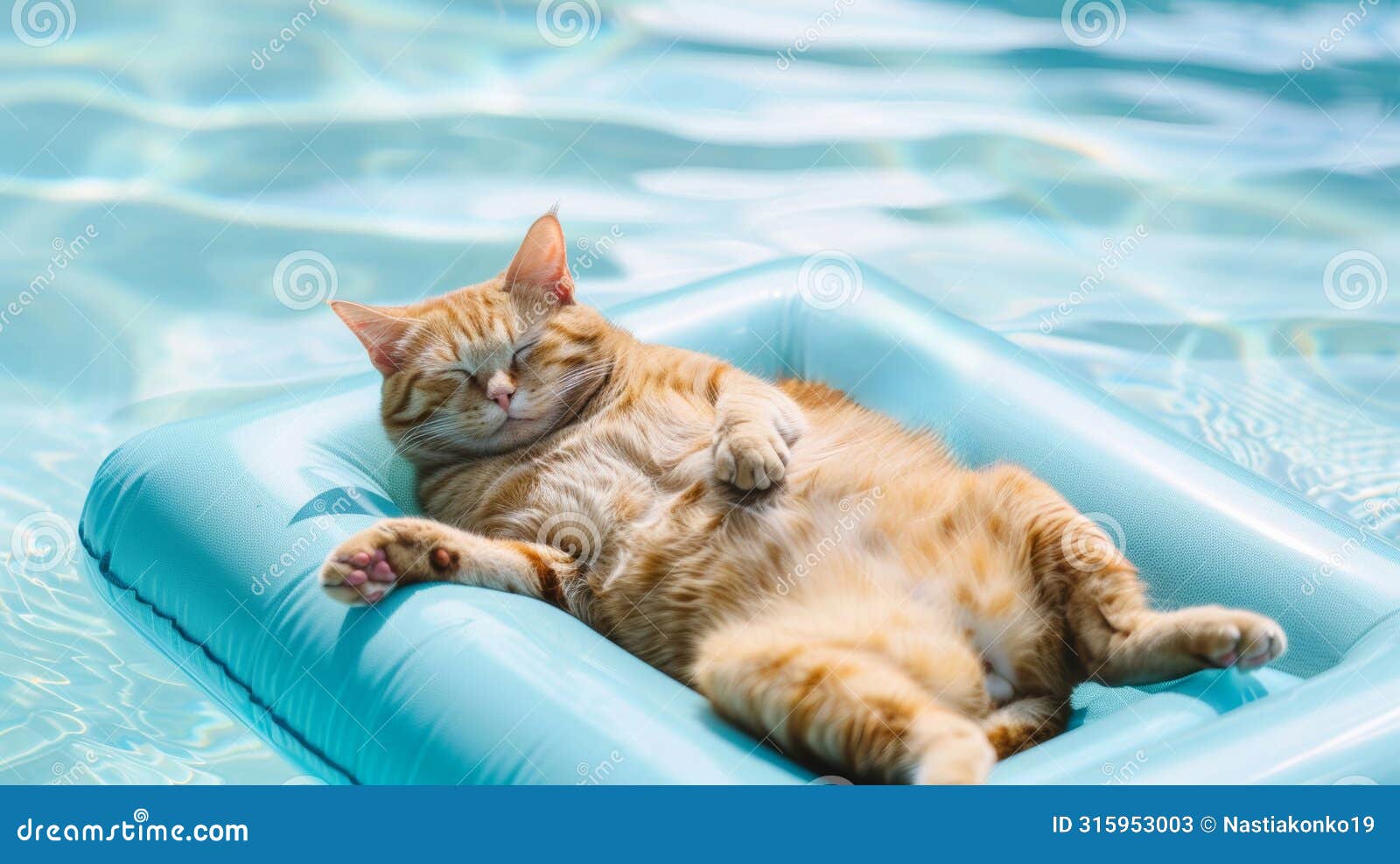 Orange Tabby Cat Relaxing on a Blue Inflatable in a Swimming Pool Stock ...