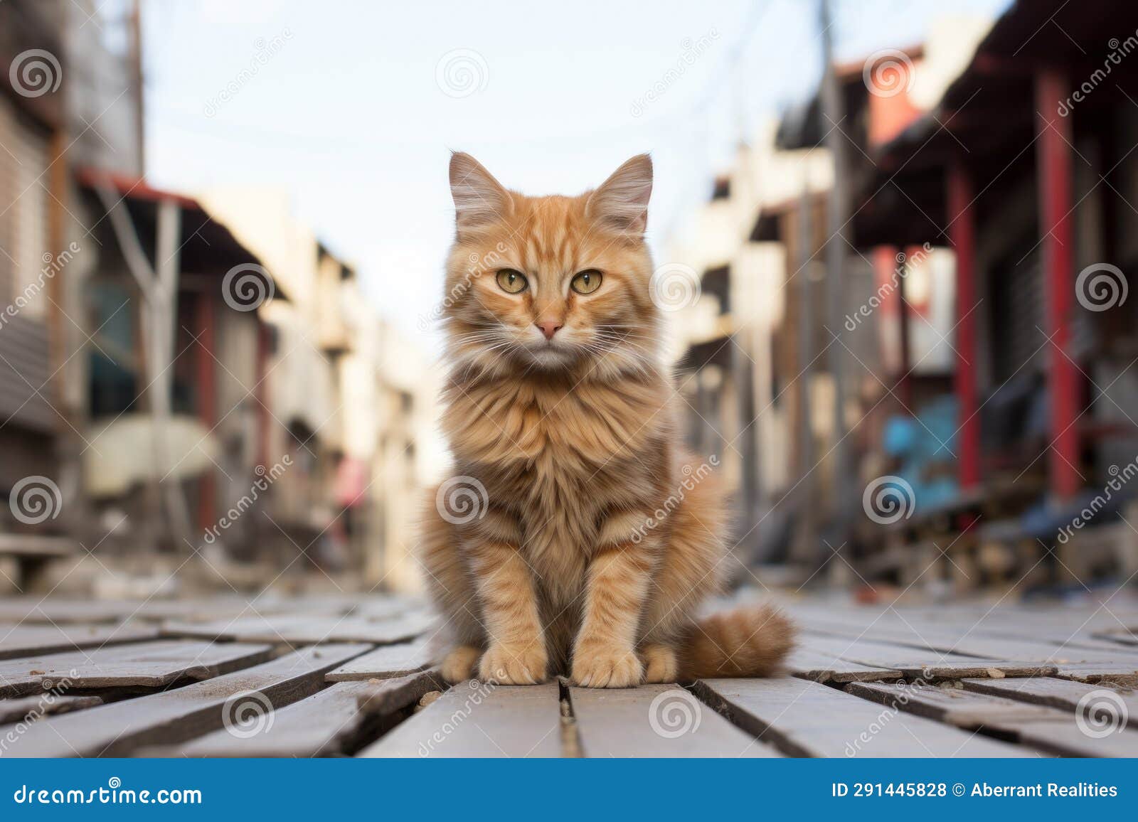 An Orange Tabby Cat Sitting on the Ground in an Alley Stock ...