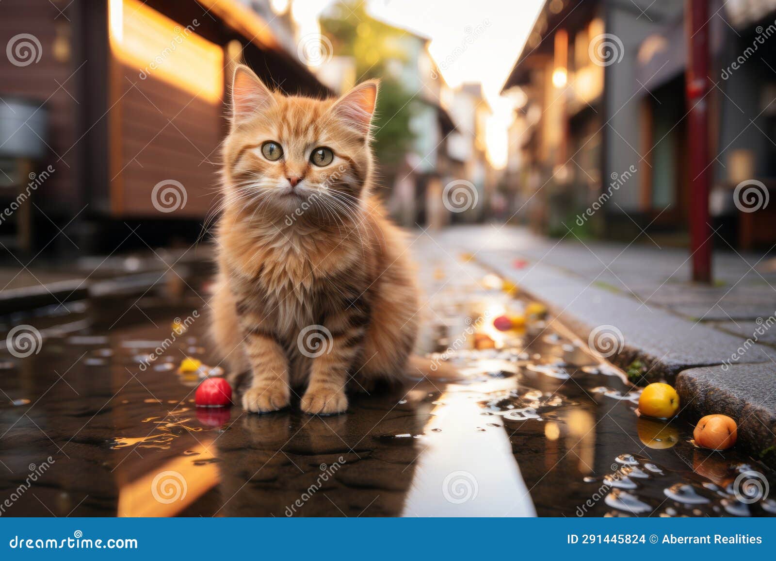 An Orange Tabby Cat Sitting on a Puddle of Water Stock Illustration ...