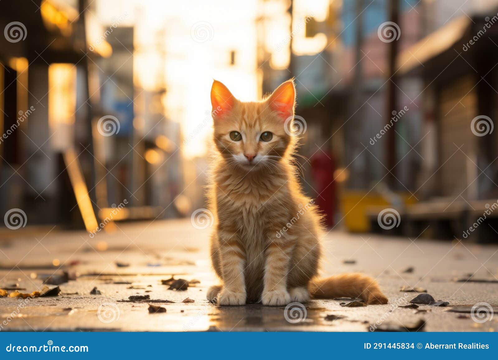 An Orange Tabby Cat Sitting on the Street at Sunset Stock Illustration ...