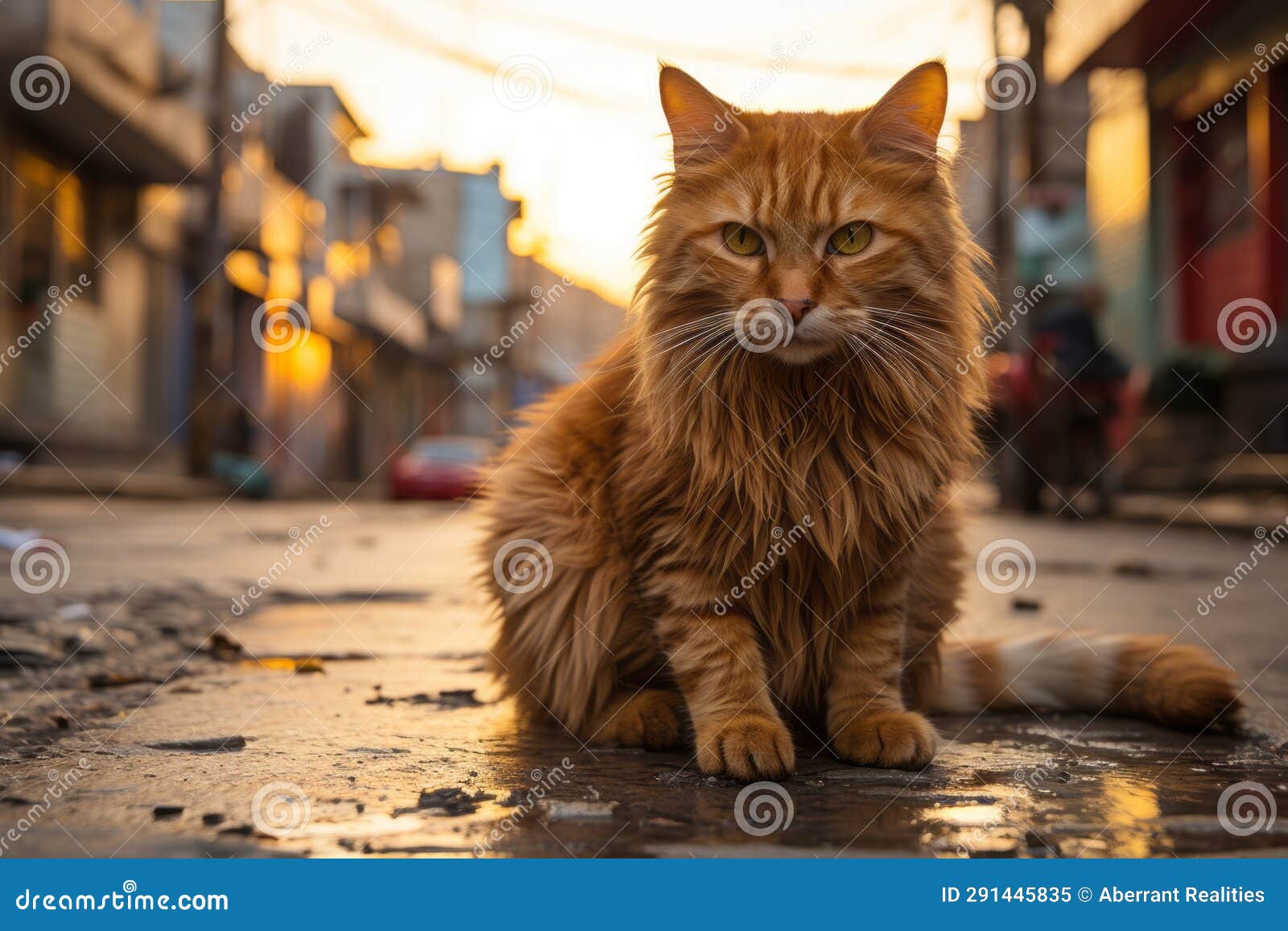 An Orange Tabby Cat Sitting on the Street at Sunset Stock Illustration ...