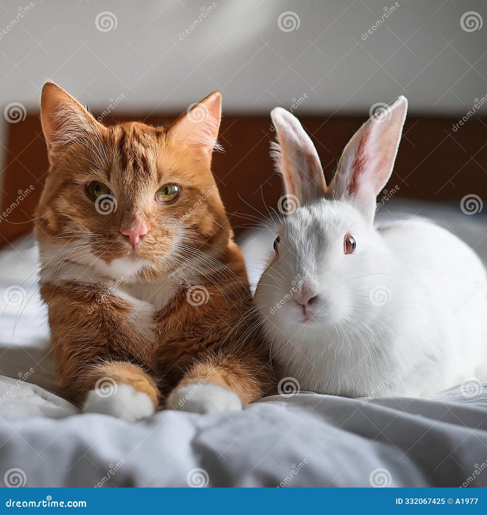 An Orange Tabby Cat and a White Rabbit on the Bed Stock Illustration ...
