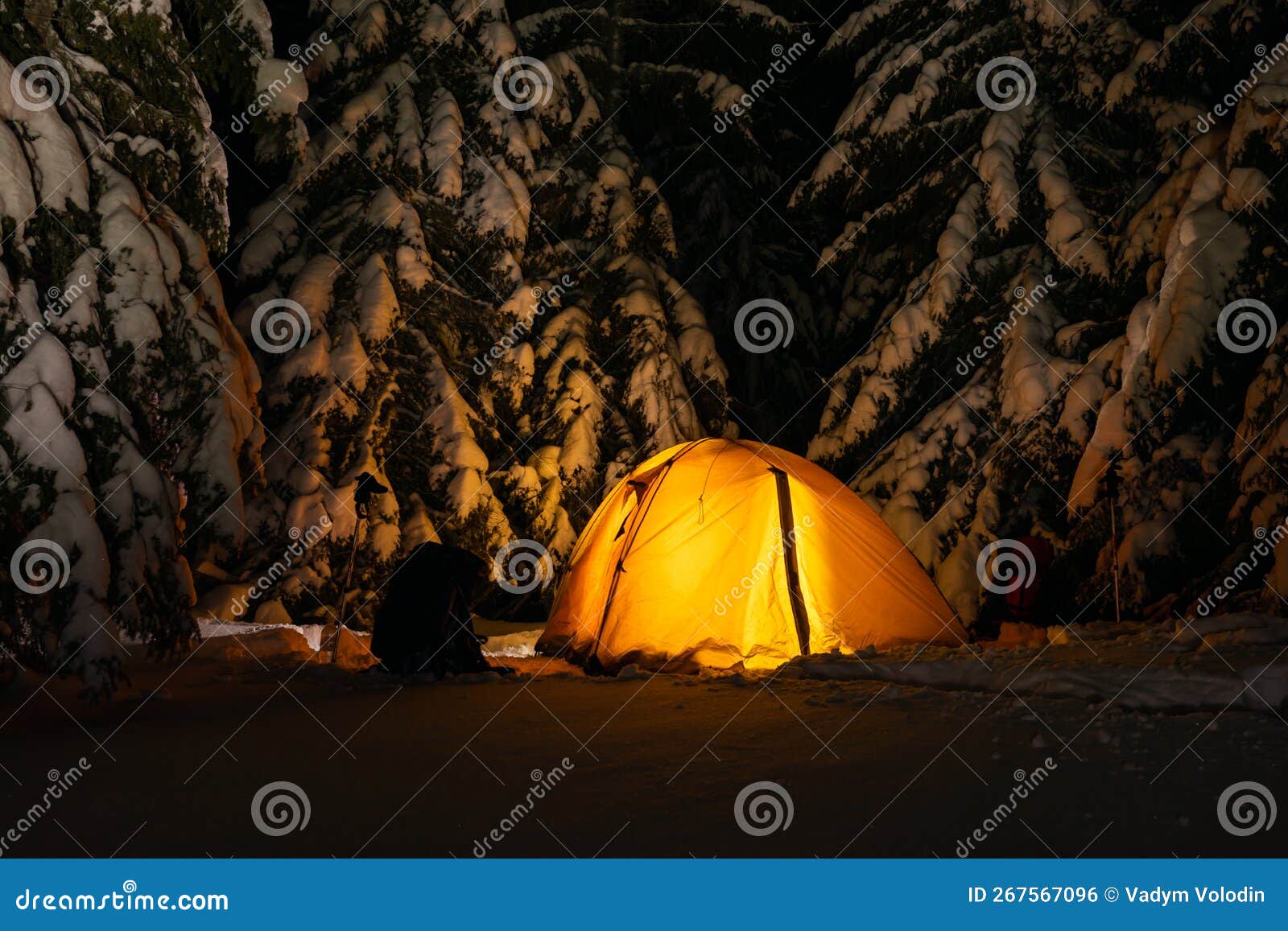 An Orange Tent in the Middle of a Winter Snow-covered Forest Stock ...
