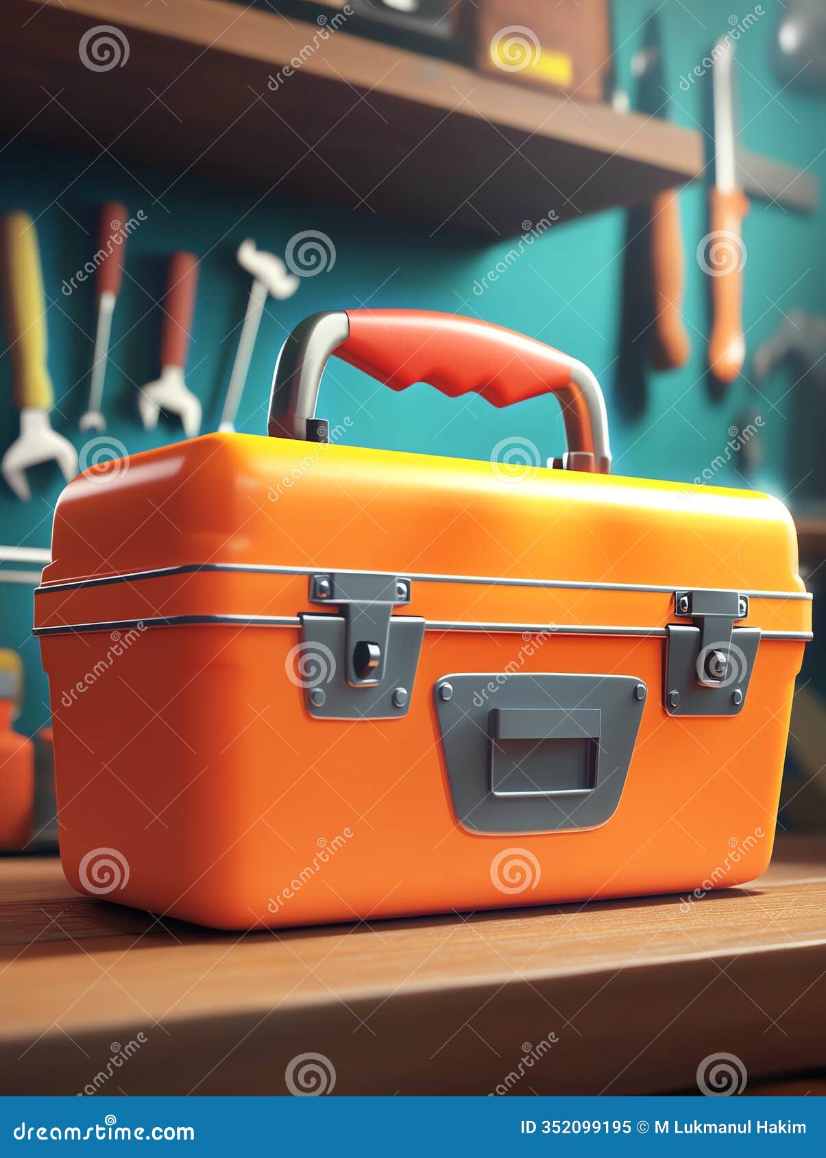 Orange Toolbox on Wooden Workbench in Workshop with Tools Background ...