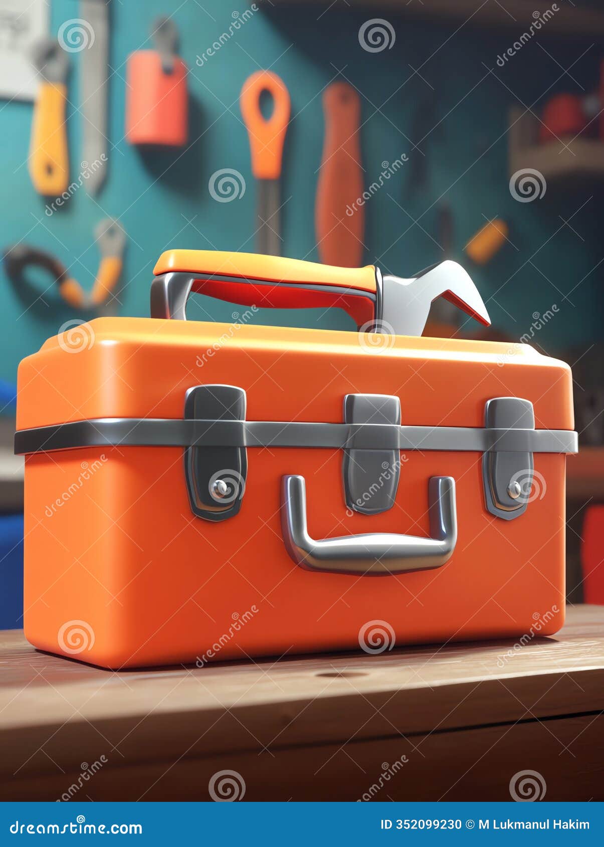 Orange Toolbox on Wooden Workbench in Workshop with Tools Background ...