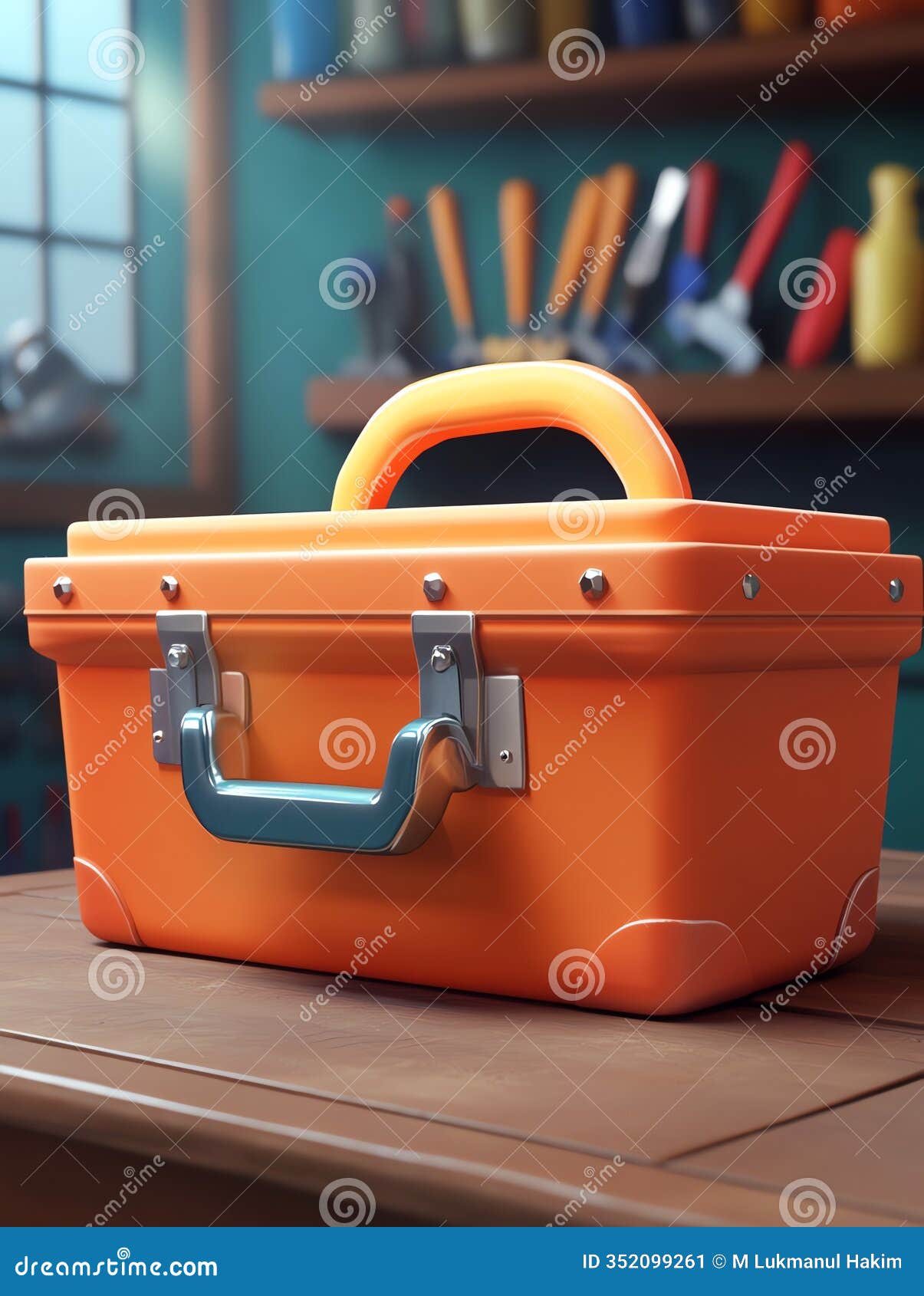 Orange Toolbox on Wooden Workbench in Workshop with Tools Background ...