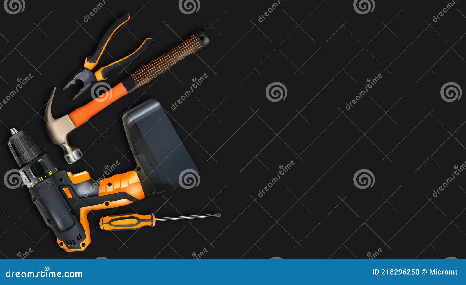 Orange Tools Professional Realistic on Black Background. Hammer ...