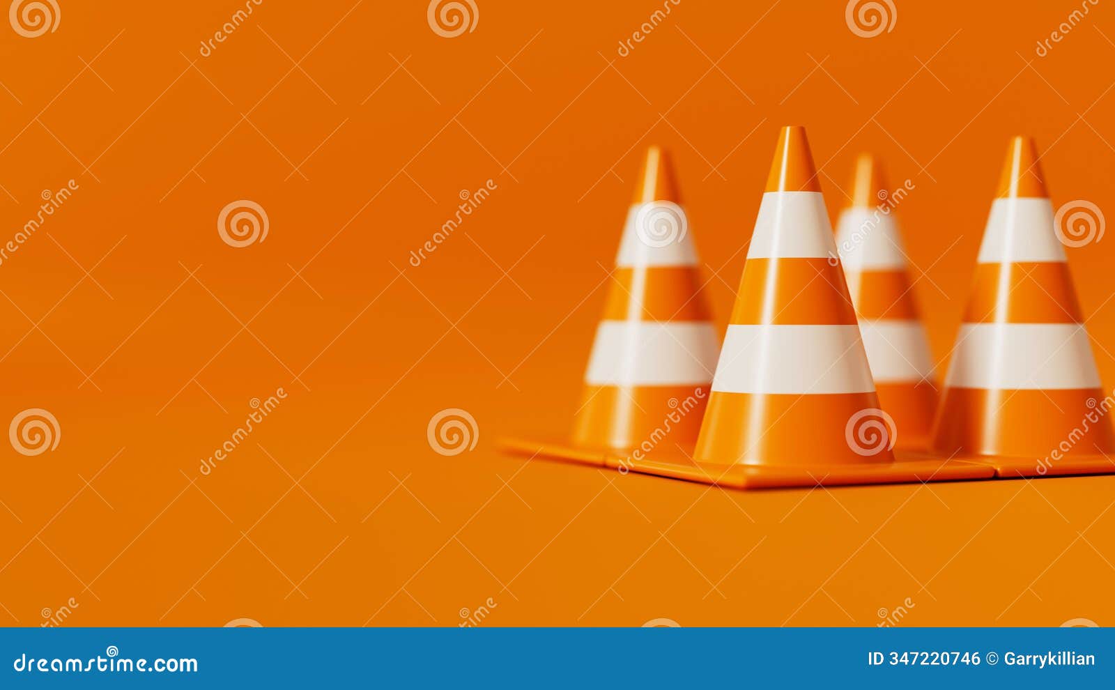 4 Orange Traffic Cones Isolated on Orange Background. Safety Warning or ...