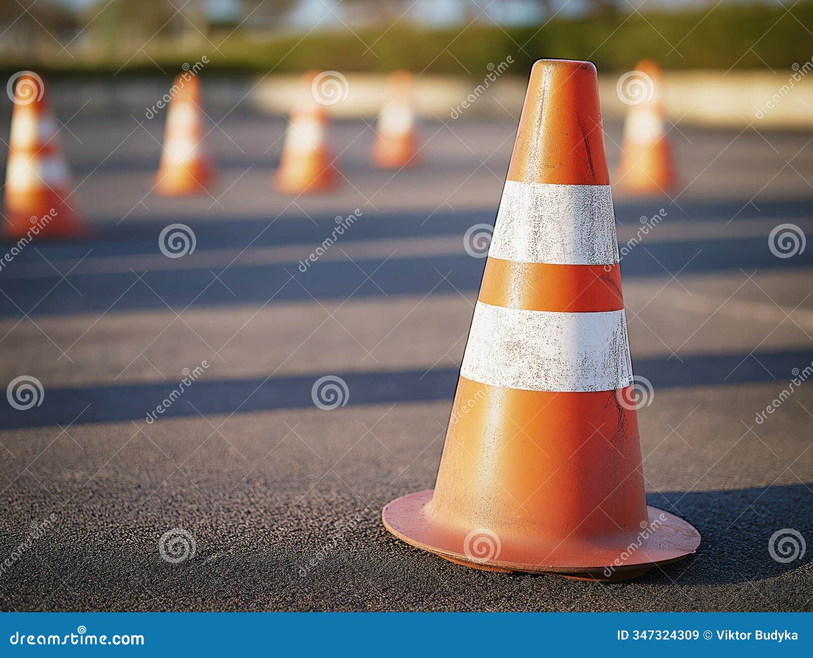 Orange Traffic Cones Mark Parking Lot. Daylight Outdoors. Focus on ...