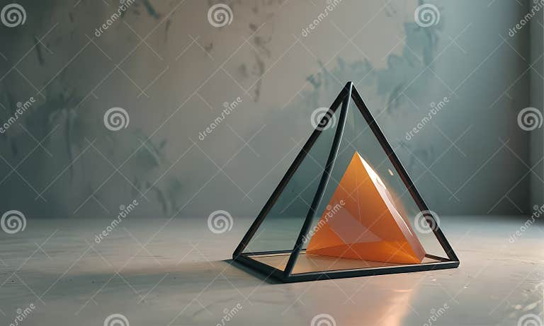 Orange Triangular Sculpture, Encased in Black Triangular Frame, Stands ...