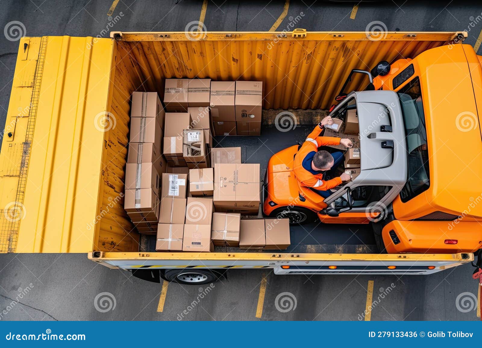 An Orange Truck is Loading Boxes into a Truck Bed. Generative Ai Stock ...