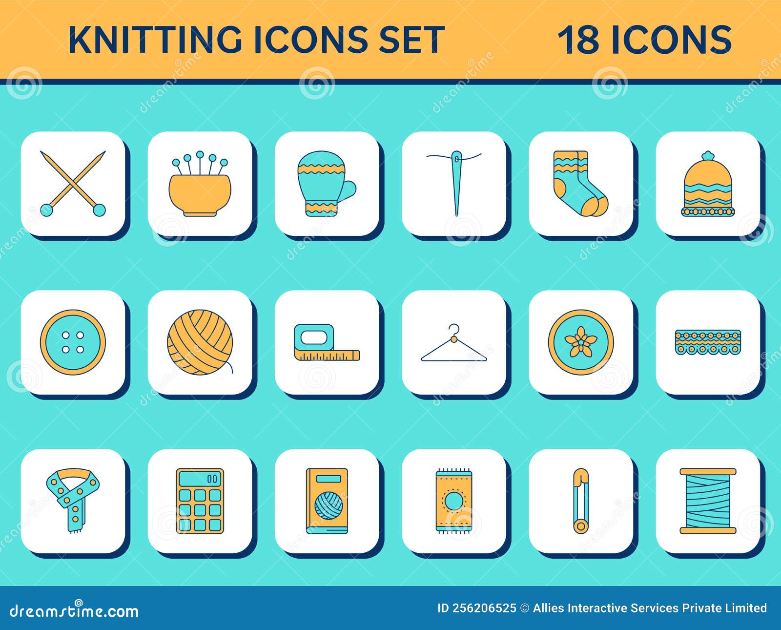 Orange and Turquoise Color Set of Knitting Icons in Square Stock ...