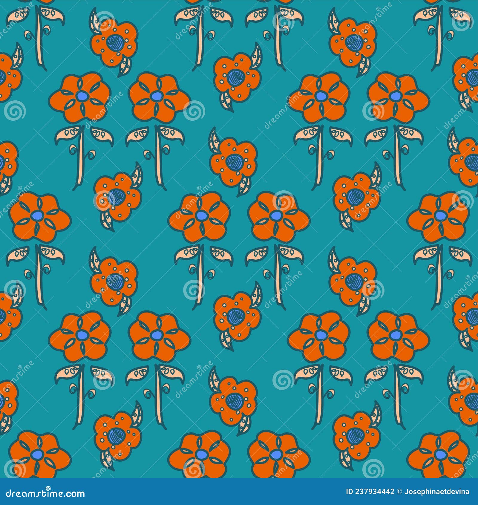 Orange and Turquoise Cute Vector Floral Repeating Seamless Pattern ...