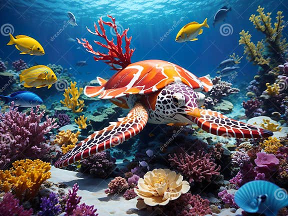 Orange Turtle Sailing the Sea Stock Image - Image of corals, reef ...