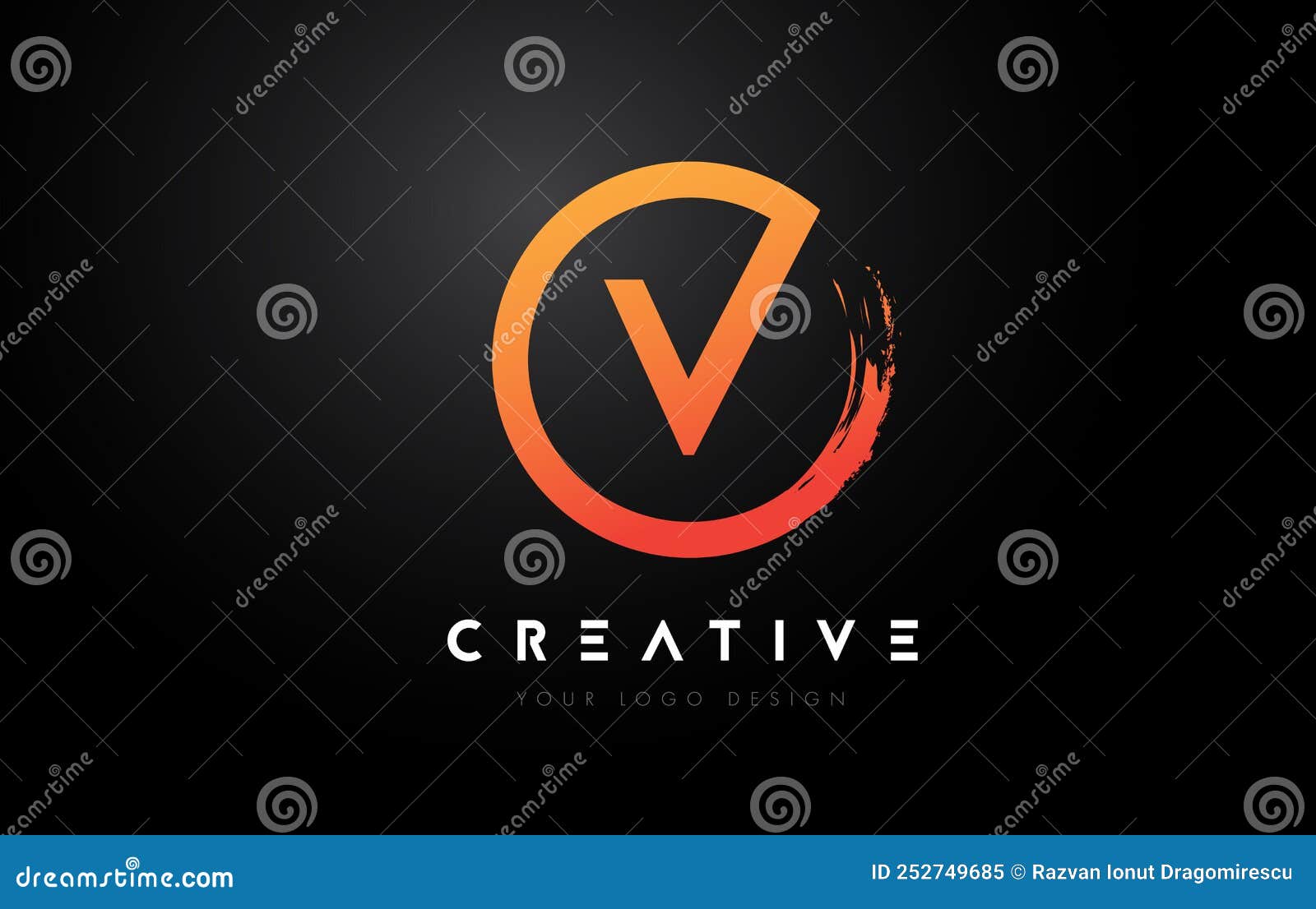 V Circular Letter Logo with Circle Brush Design and Black Background ...
