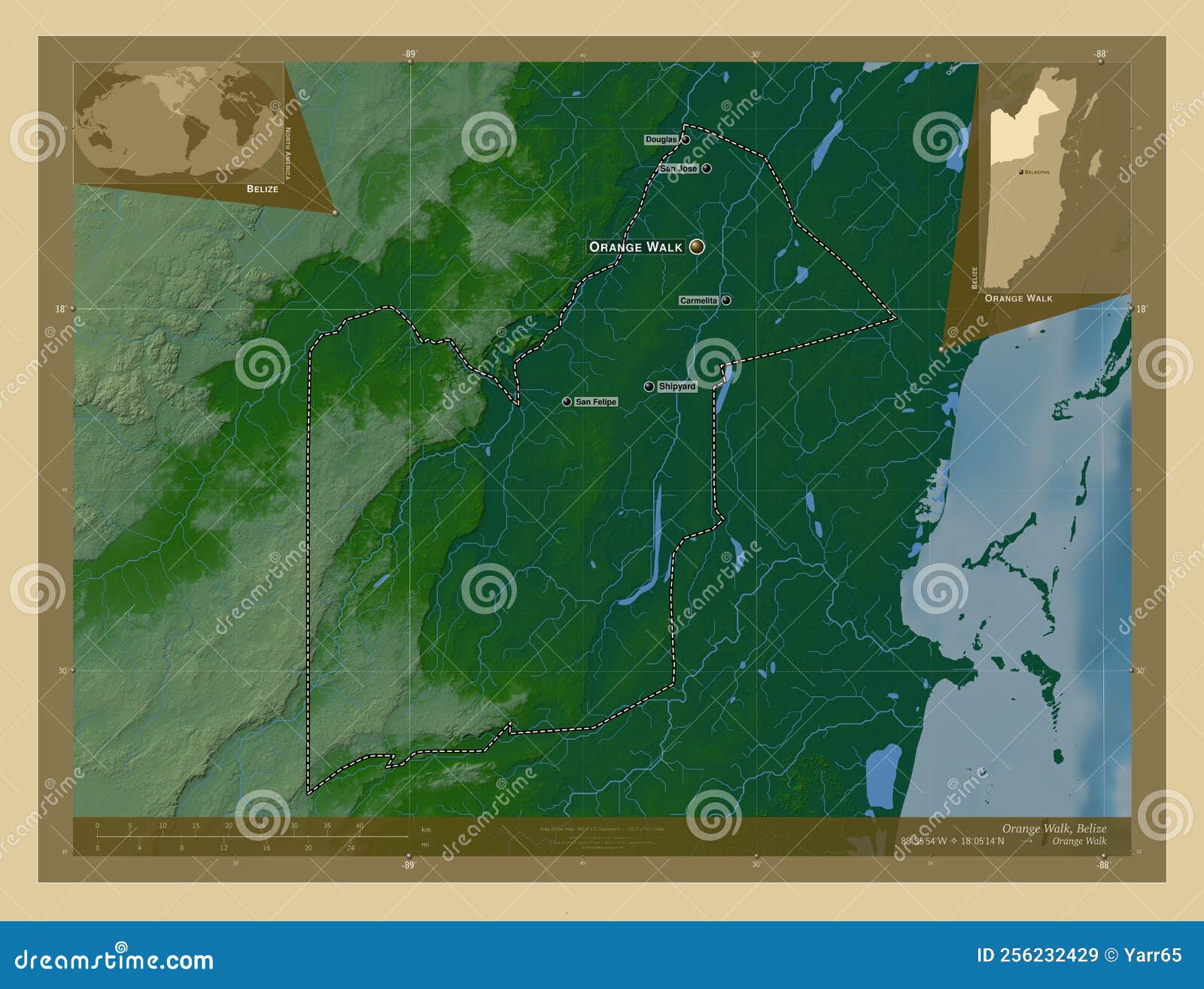 Orange Walk, Belize. Physical. Labelled Points of Cities Stock Image ...