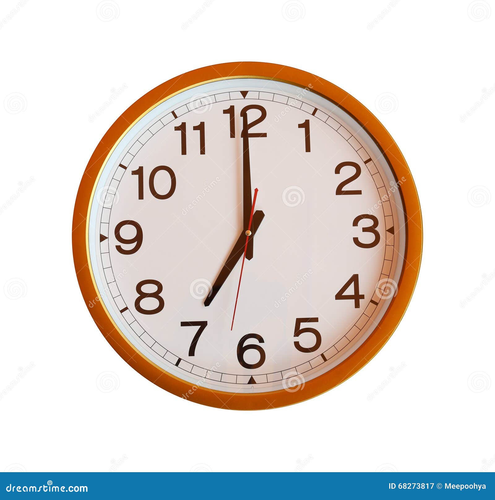 Orange Wall Clock Isolated in Seven O Clock. Stock Image - Image of ...
