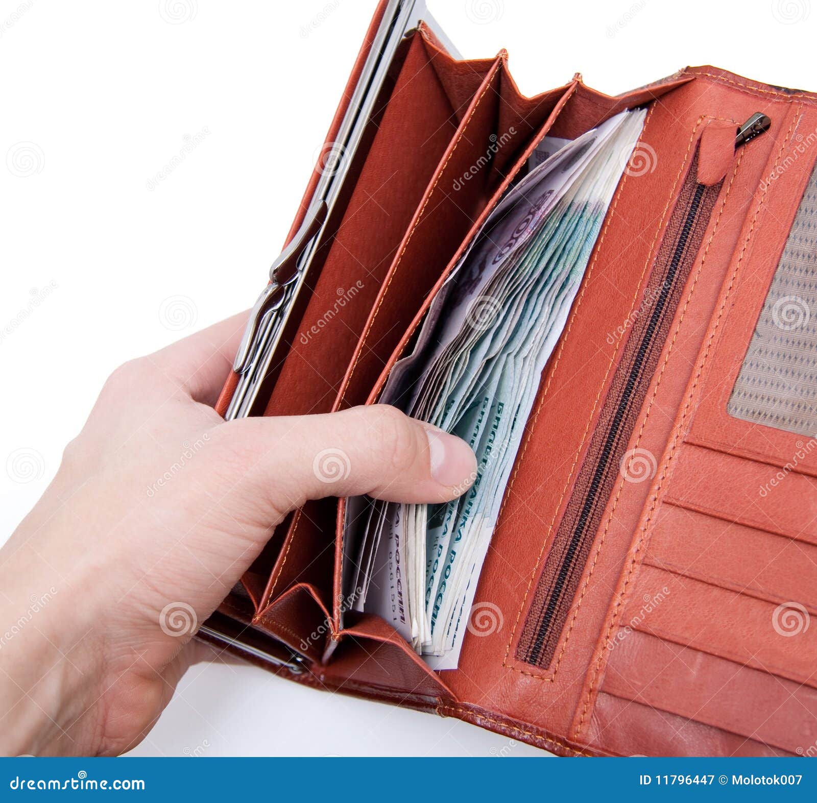 Orange wallet with money stock image. Image of gone, isolated - 11796447