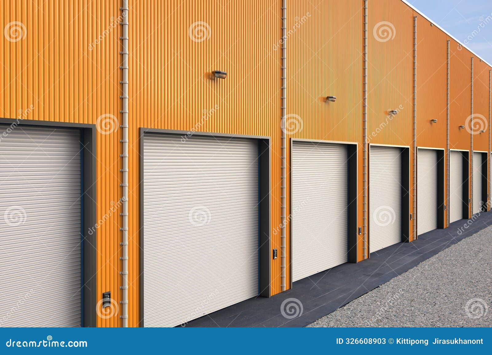 Orange Warehouse Exterior with Shutter Doors Stock Illustration ...