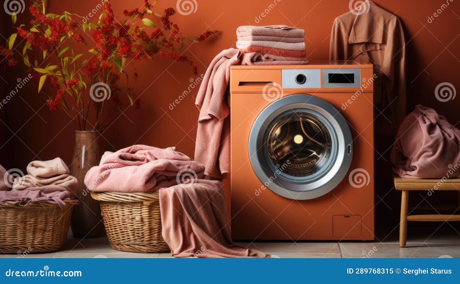 An Orange Washing Machine with Towels and Clothes, AI Stock Image ...