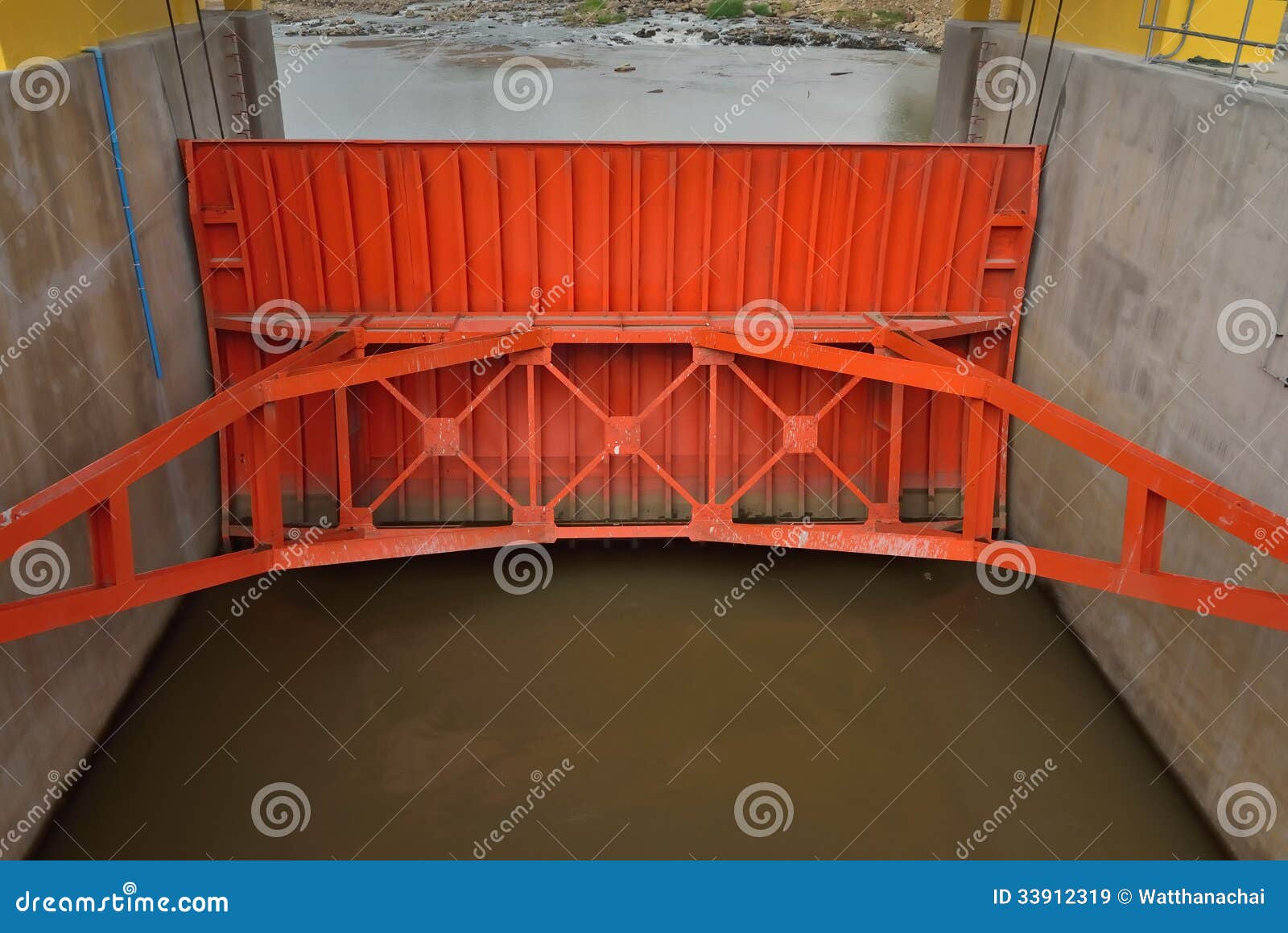 Orange water gate at dam. stock image. Image of water - 33912319