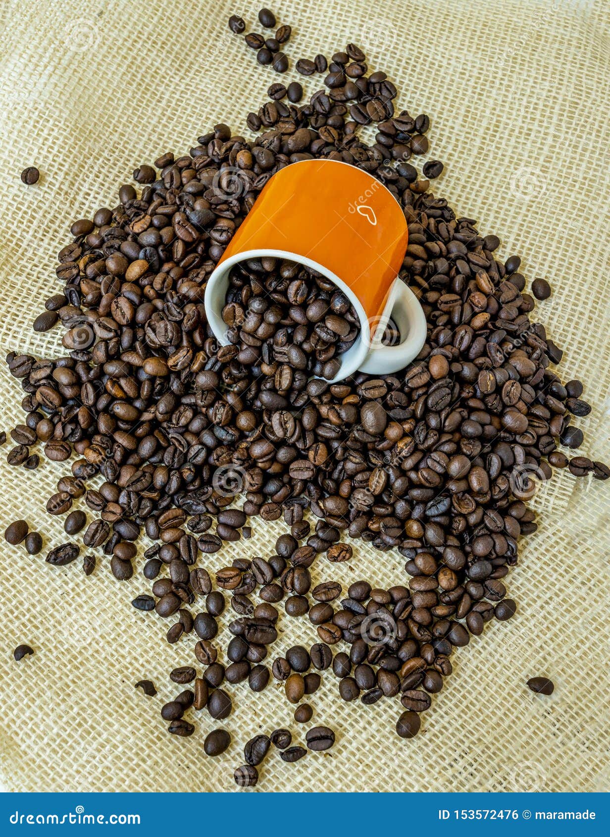 Orange Cup among Coffee Beans on Jute. Stock Photo - Image of aroma ...