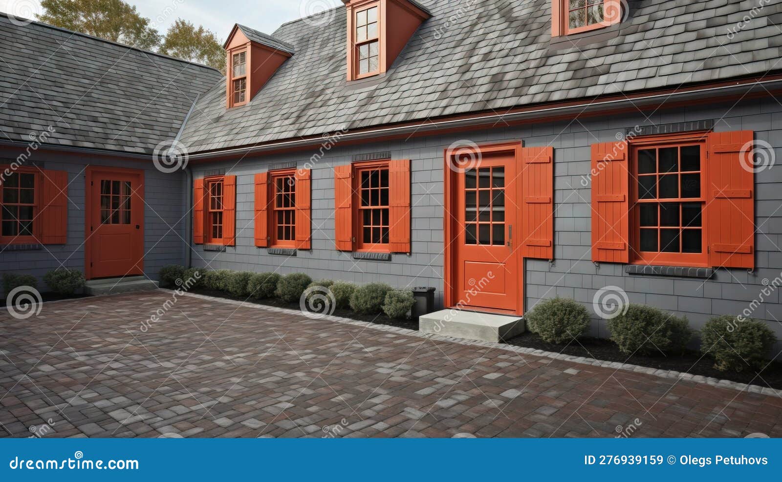 An Orange Window on a Gray House with Brick Walkway and Brick Walkway ...