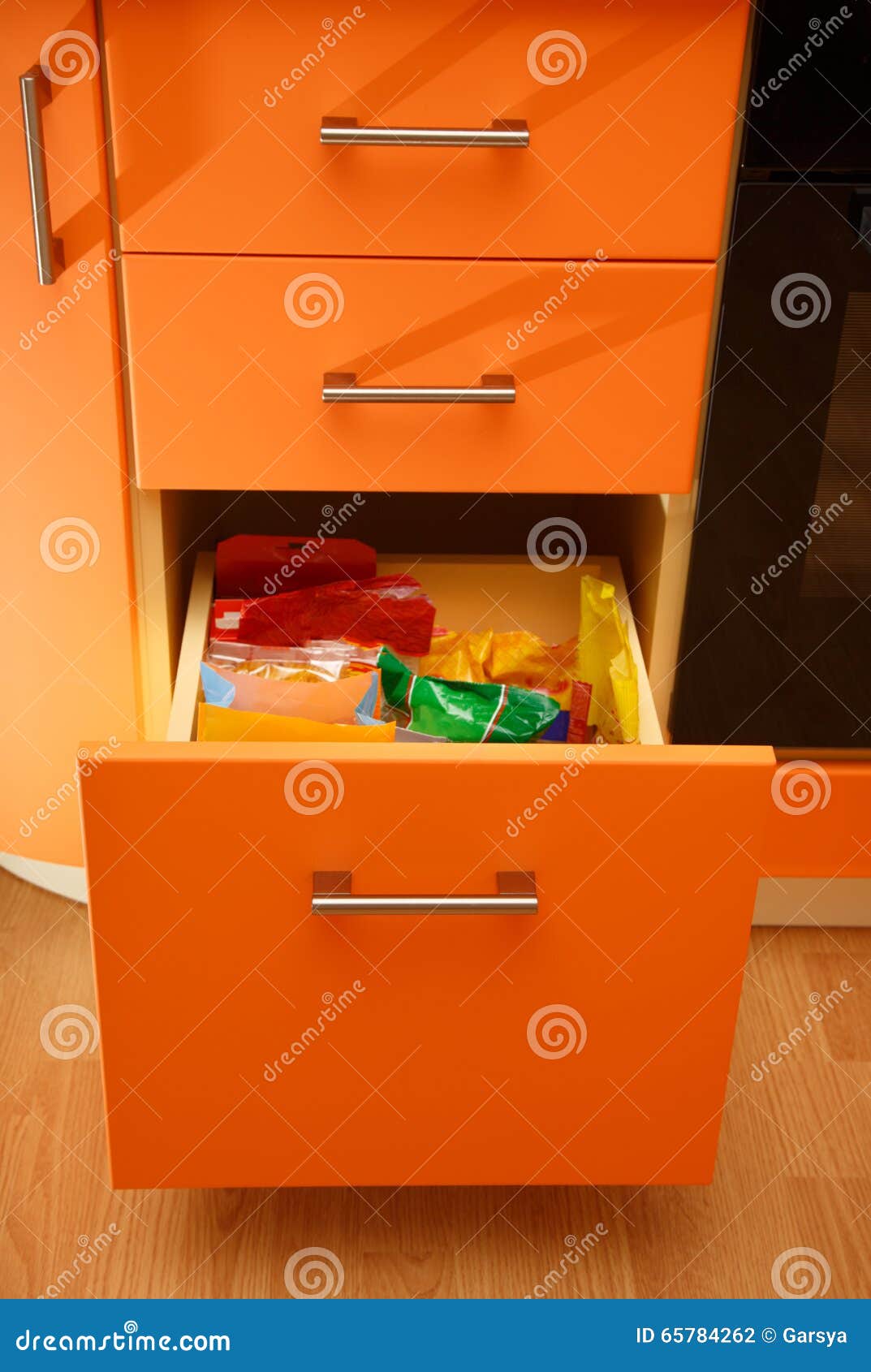 Orange Wooden Kitchen Drawers Stock Photo - Image of object, frame ...