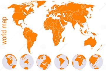 Orange World Map with Earth Globes Stock Vector - Illustration of ...