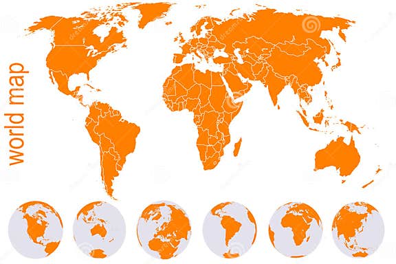 Orange World Map with Earth Globes Stock Vector - Illustration of ...
