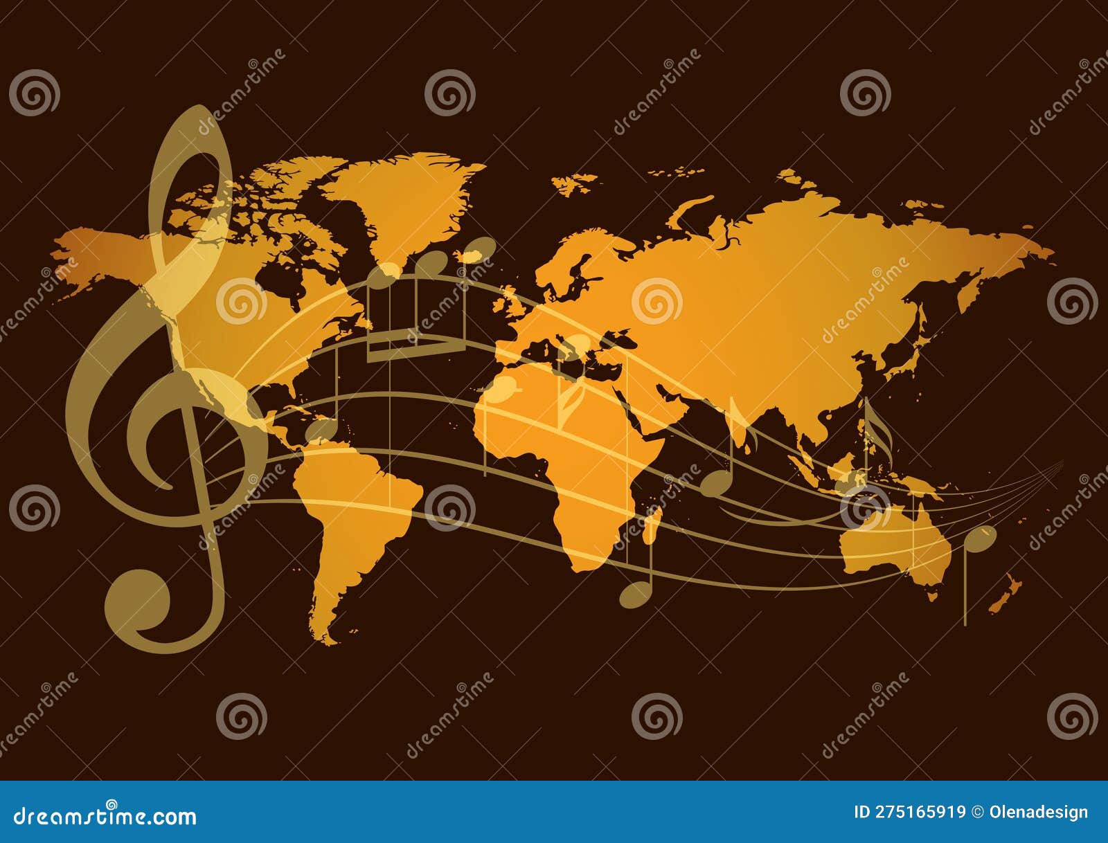 Orange World Map with Music Notes on Dark Brown Background - Vector ...