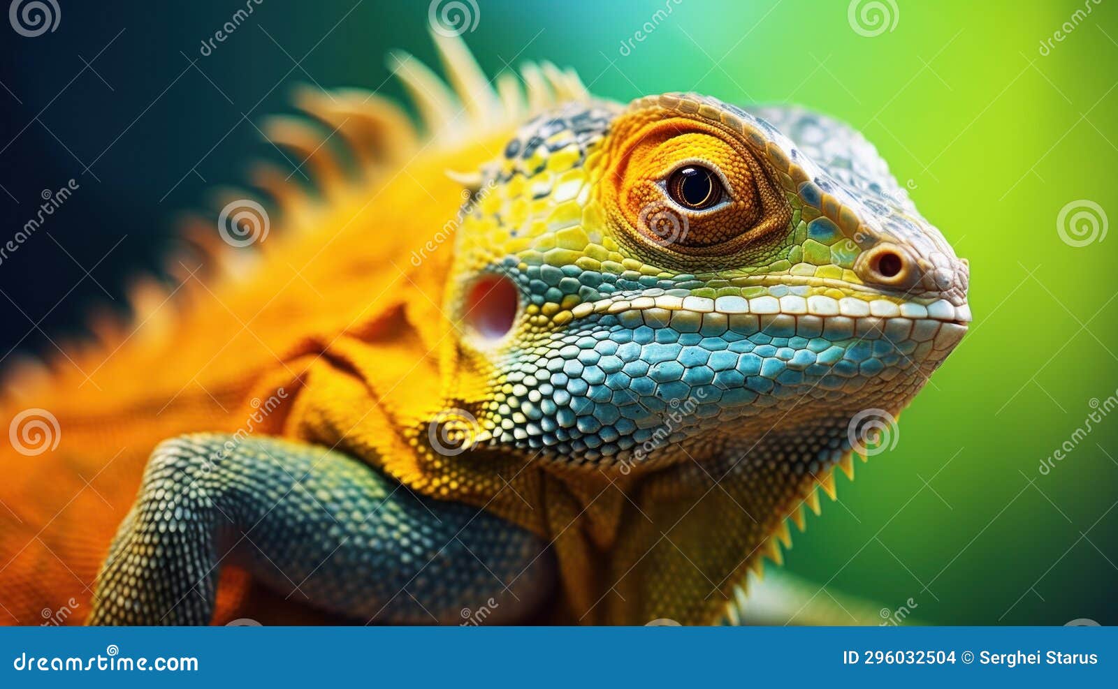 An Orange and Yellow Lizard on a Green Background, AI Stock Photo ...
