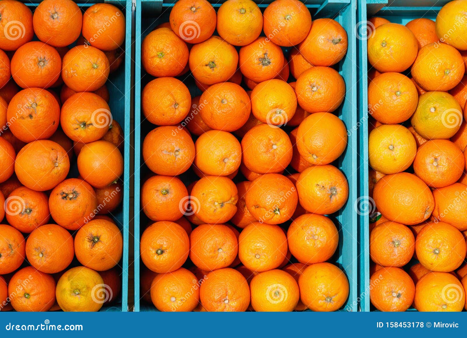 Oranges in Blue Boxes in Fruit Shop Stock Photo - Image of juicy ...