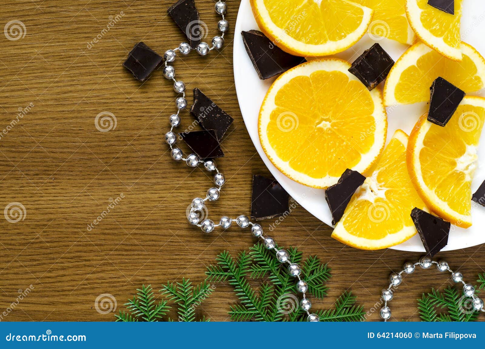 Oranges, Chocolate and Fir Tree Branch Stock Photo - Image of happy ...