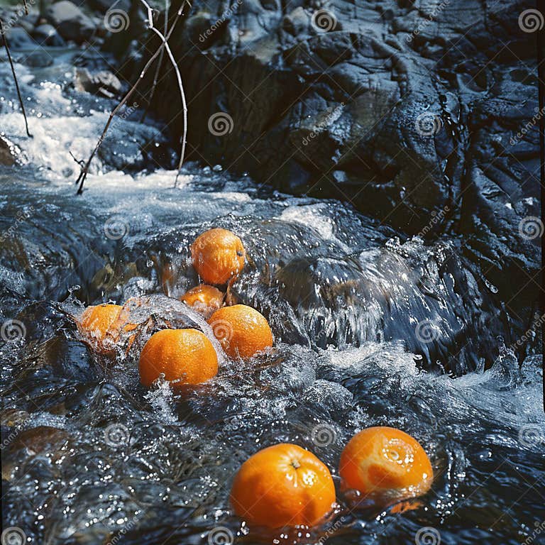 Oranges Floating in a Mountain Stream Stock Illustration - Illustration ...