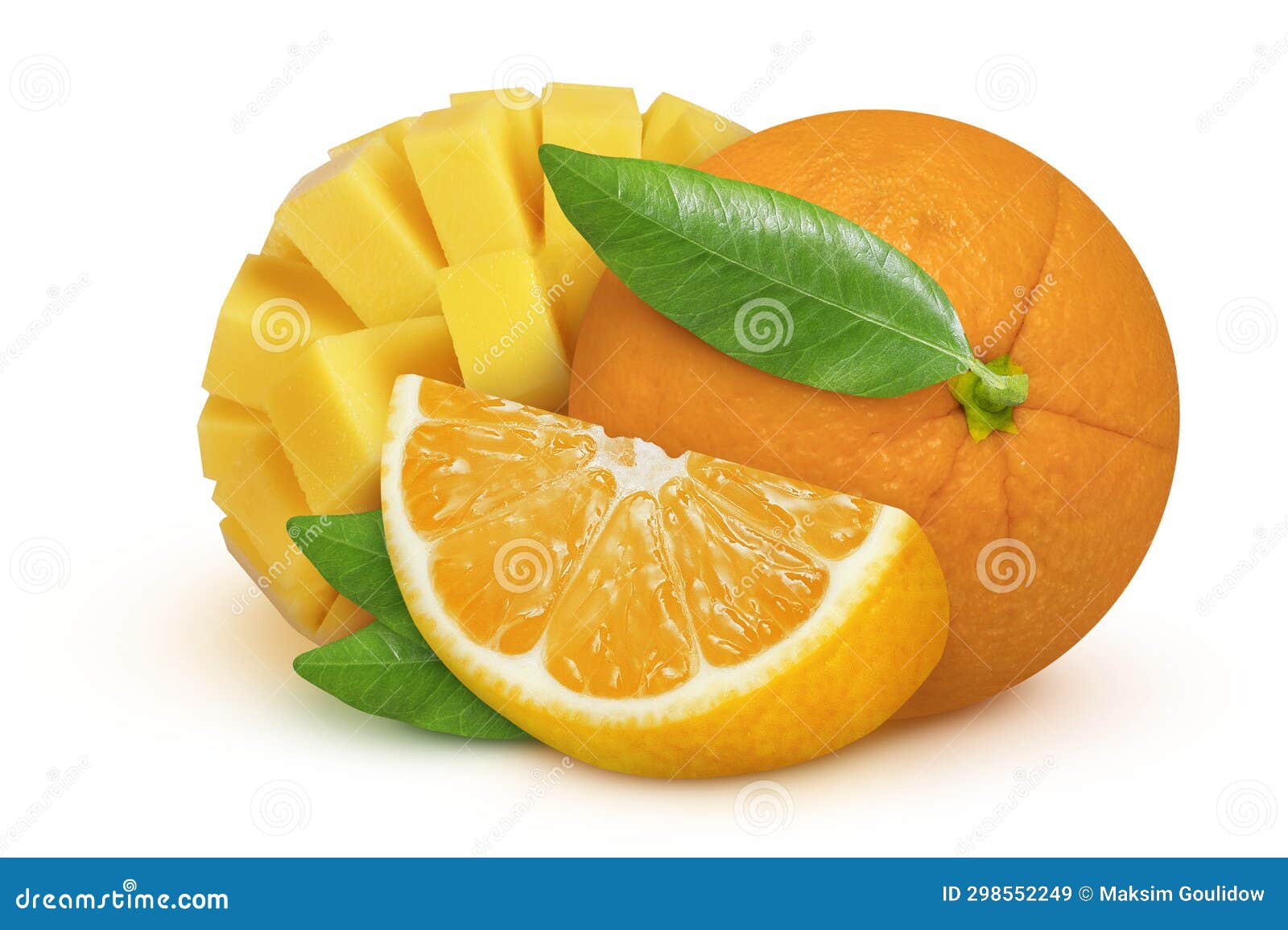 Oranges and Mango on an Isolated White Background. Stock Image - Image ...