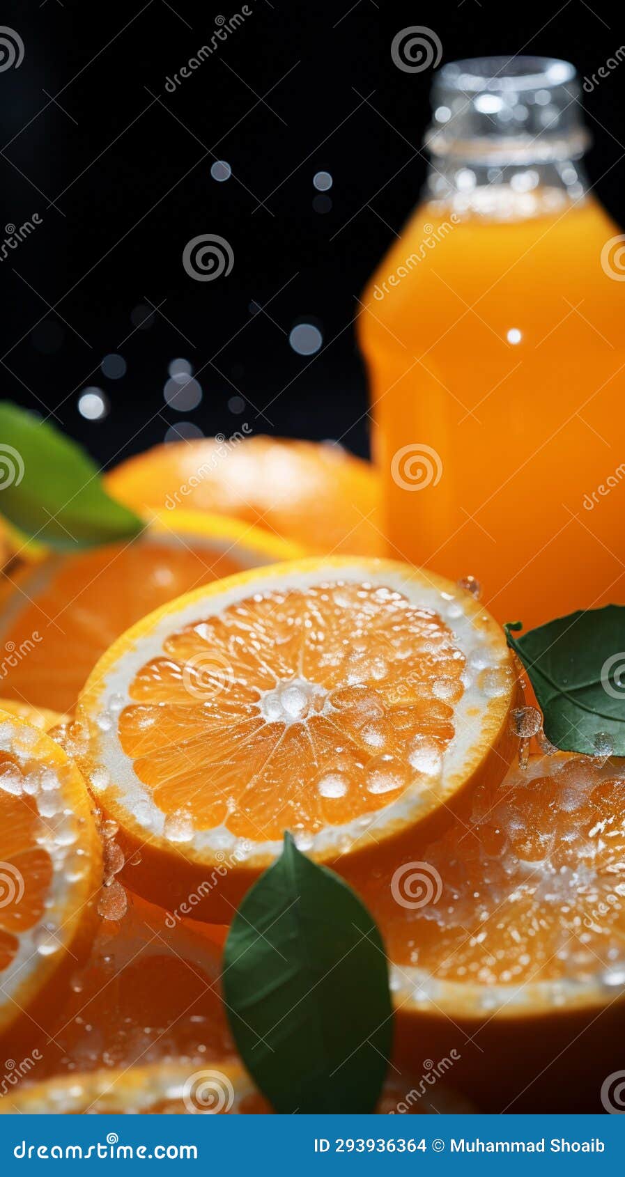Oranges Prepared for Juicing, Featuring a Slice and a Cooling Ice Cube ...