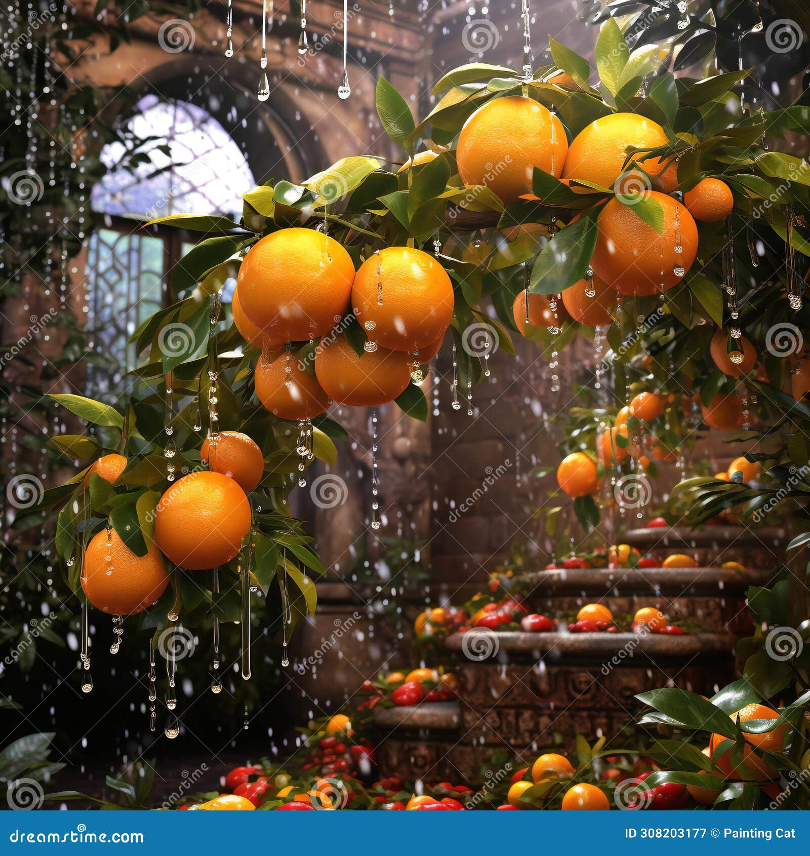 Oranges on a Tree with Rain Drops Falling in the Background Stock ...