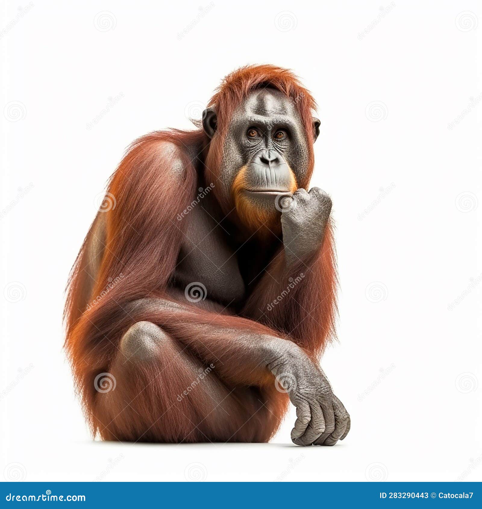 Orangutan Monkey Thinks, the Orangutan Sits in a Pose of a Thinker, Close-up, on a White Stock ...